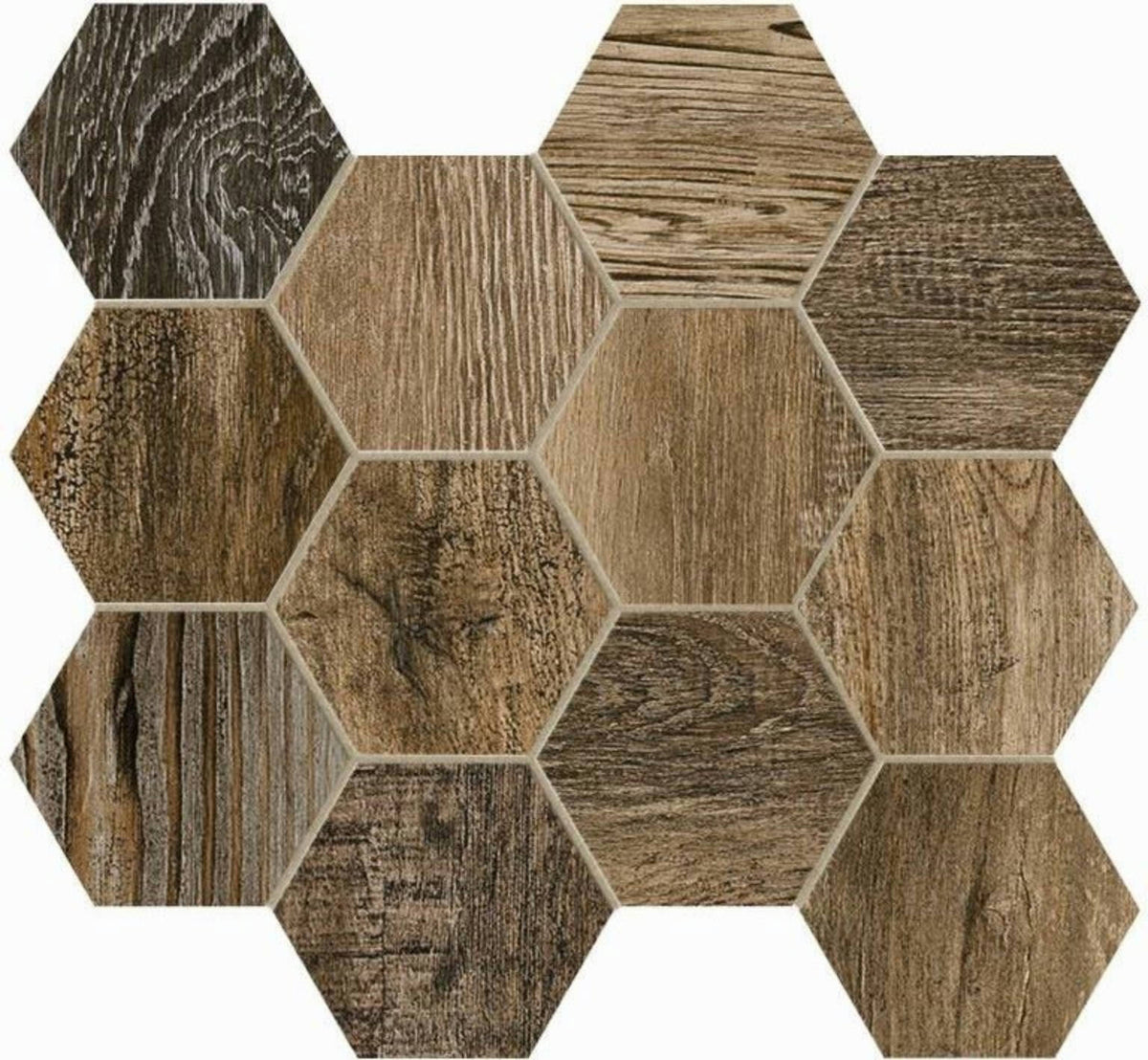 Full Sheet Sample - Barn Wood Brown Hexagon Porcelain Mosaic - 12" x 1 ...