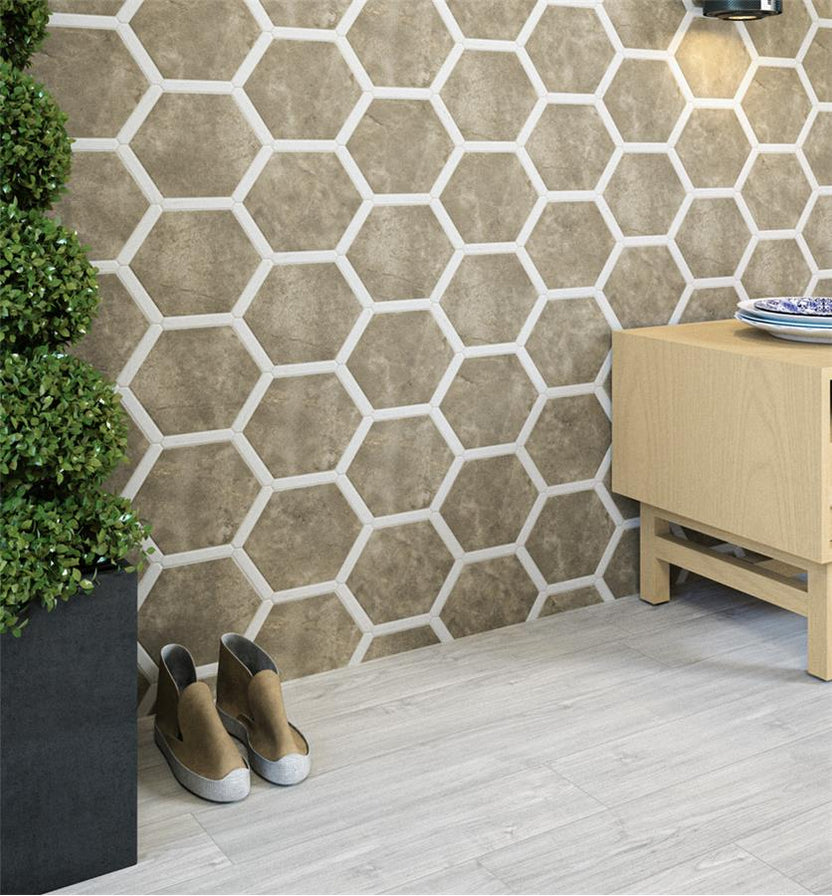 Somer Tile Marcotto Panal Terra with Calacatta Gold Picket Tile — Stone & Tile Shoppe, Inc.