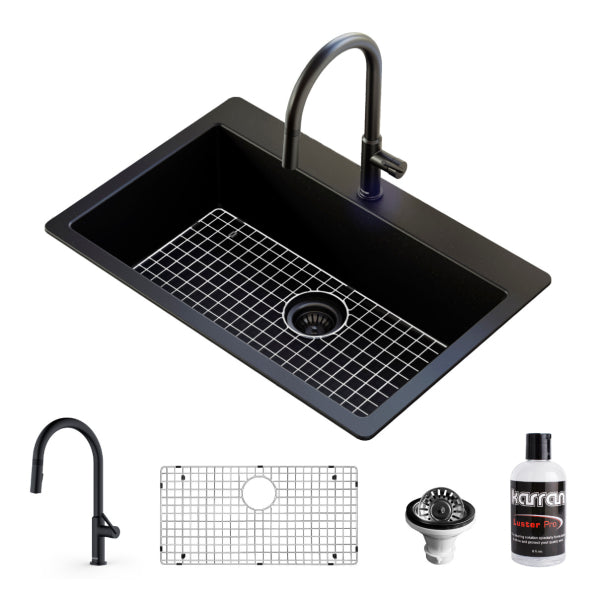 Karran QT812BLKKF350MB Black Single Bowl Top Mount / Drop-in Kitchen ...