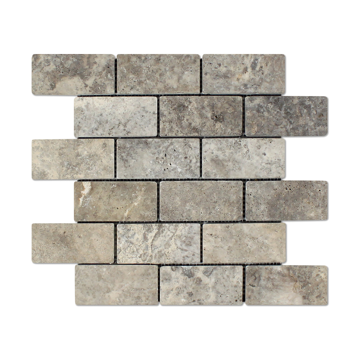 Full Sheet Sample - Titanium Brick Travertine Mosaic - 2" x 4" x 3/8 ...