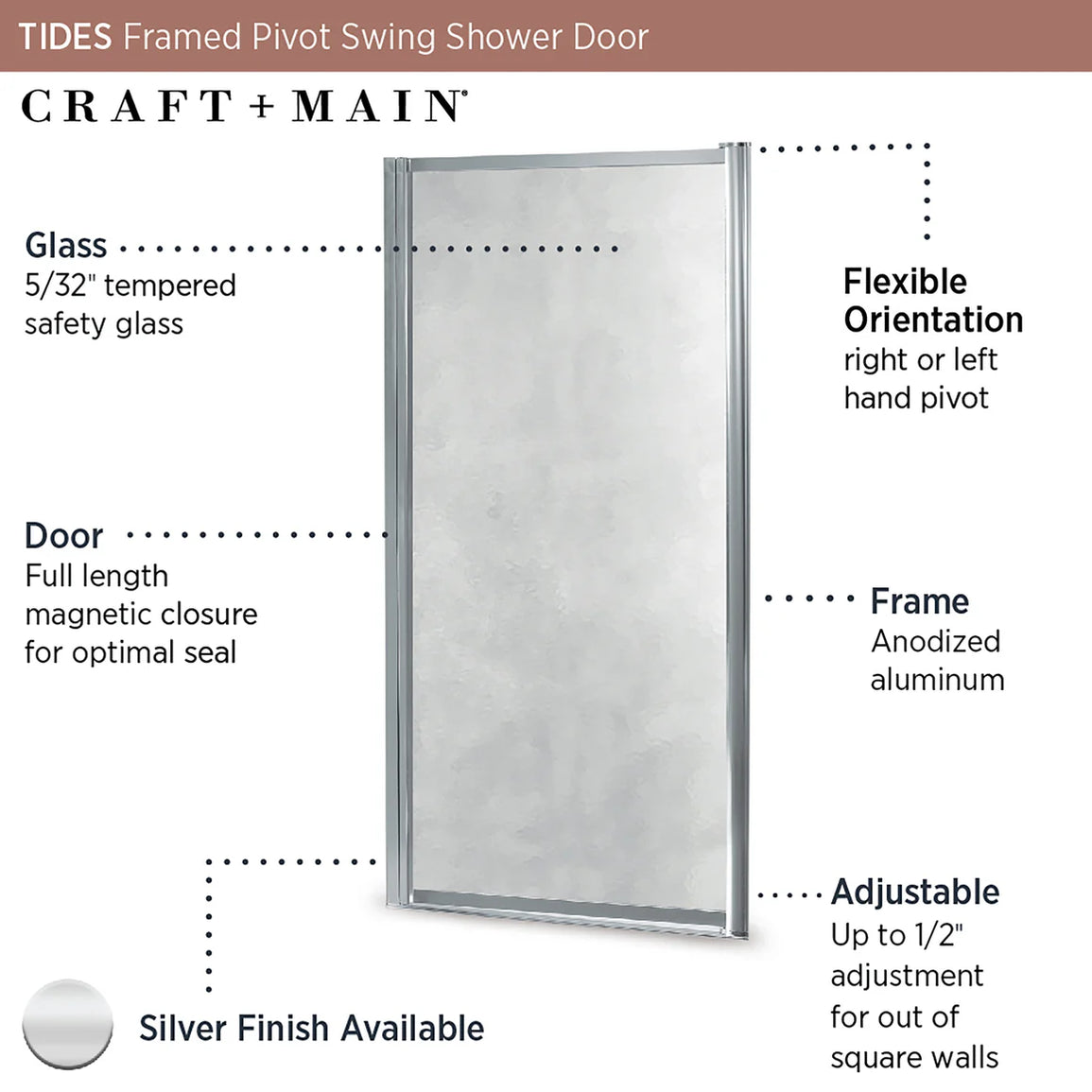 Craft + Main Tides Pivot Framed Shower Door - 29" x 65" with Obscure ...