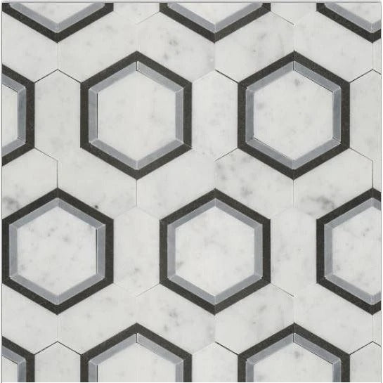 Luxe White Carrara with Azul Imperial & Black Basalt Border Marble ...