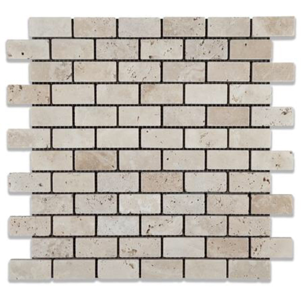 Alabastrino Travertine Mosaic - 1" x 2" Brick Tumbled & Split Face — Stone & Tile Shoppe, Inc.